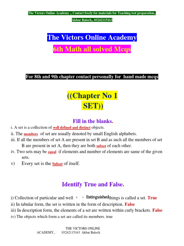 6th Math Solved Mcqs and Exercises | Download Free PDF | Set (Mathematics) | Abstract Algebra