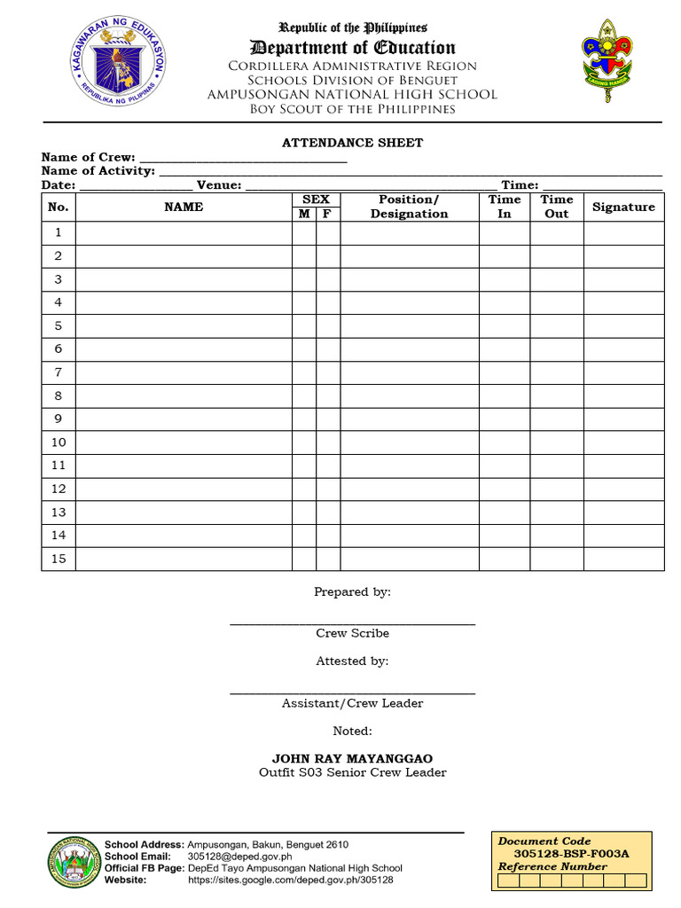 BSP F003a Crew Attendance Sheet | PDF