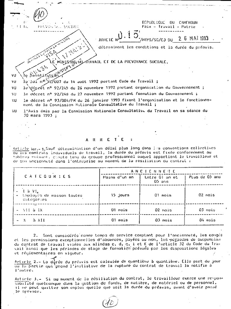 Arrêté N°015-MTPS-SG-CJ Du 26.05.1993 Conditions & Durée Préavis | PDF