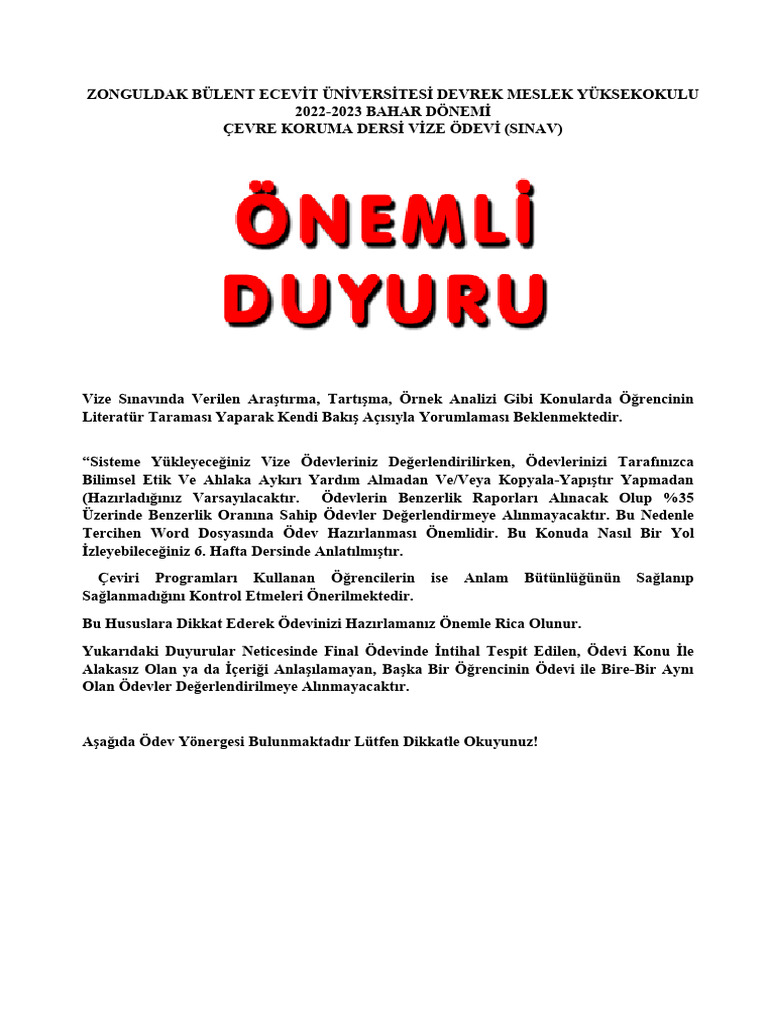 Cevre Koruma 2022-2023 Bahar Vize Odevi | PDF