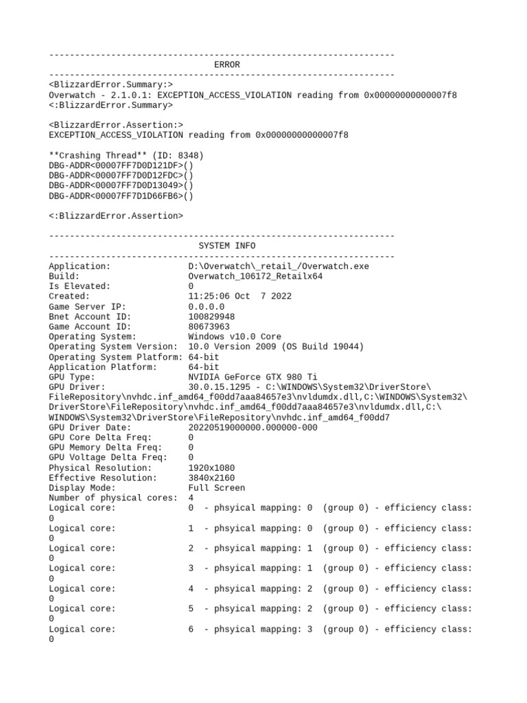 Overwatch Crash Debug Report | PDF | Graphics Processing Unit | Operating System
