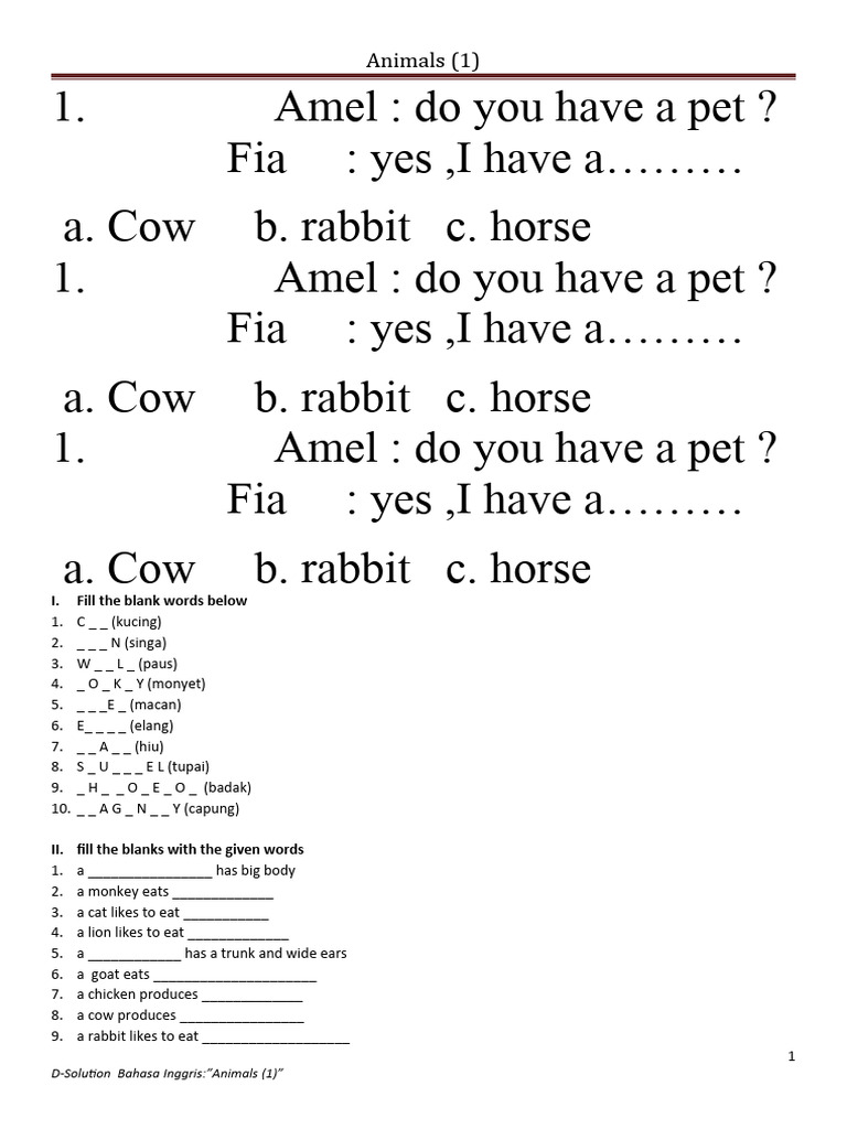 Soal Bahasa Inggris Kelas 3 Semester 1 Animals | PDF | Mammals | Organisms