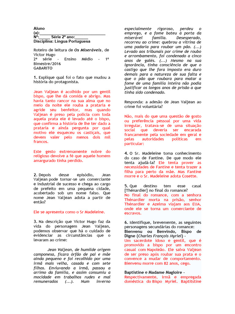 Atividade Os Miseráveis | PDF | Cosette | Os Miseráveis