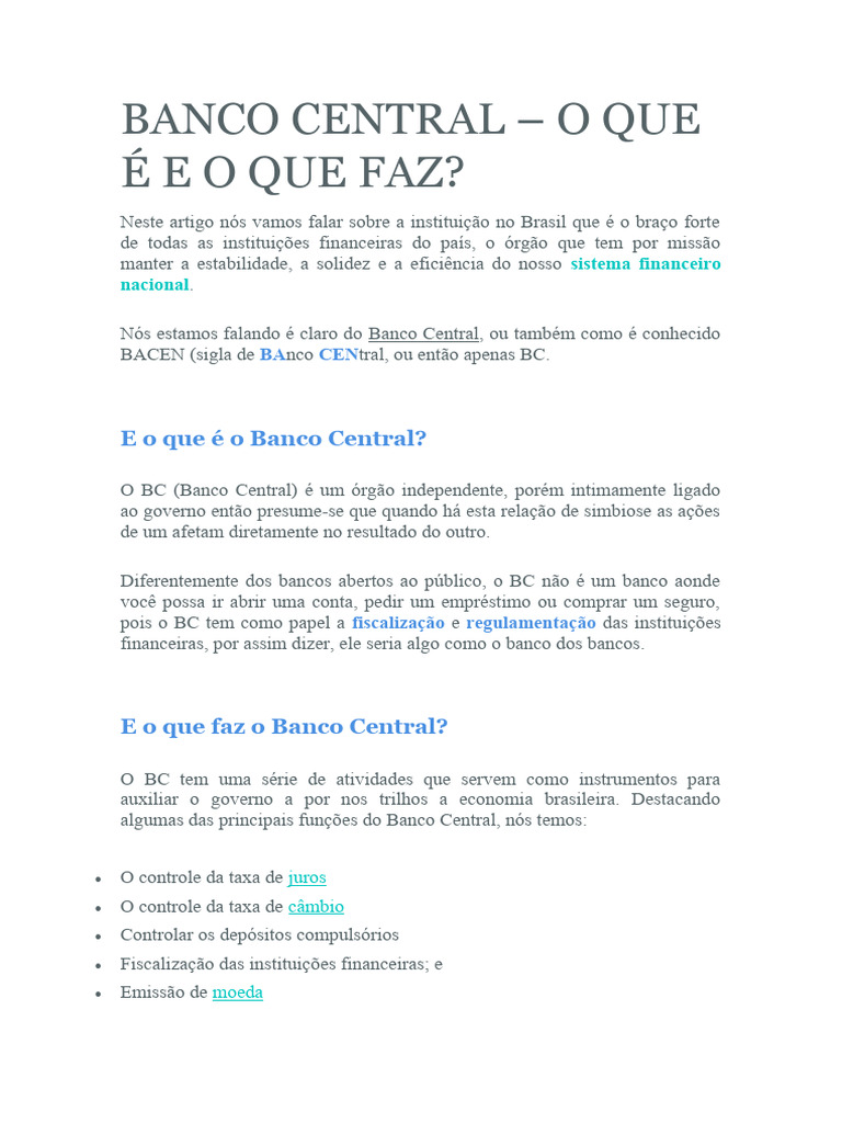 Banco Central | PDF | Bancos centrais | Requerimento de reserva