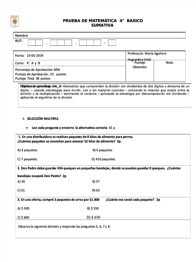 Prueba de Divisiones 4° Básico | PDF | División (Matemáticas ...