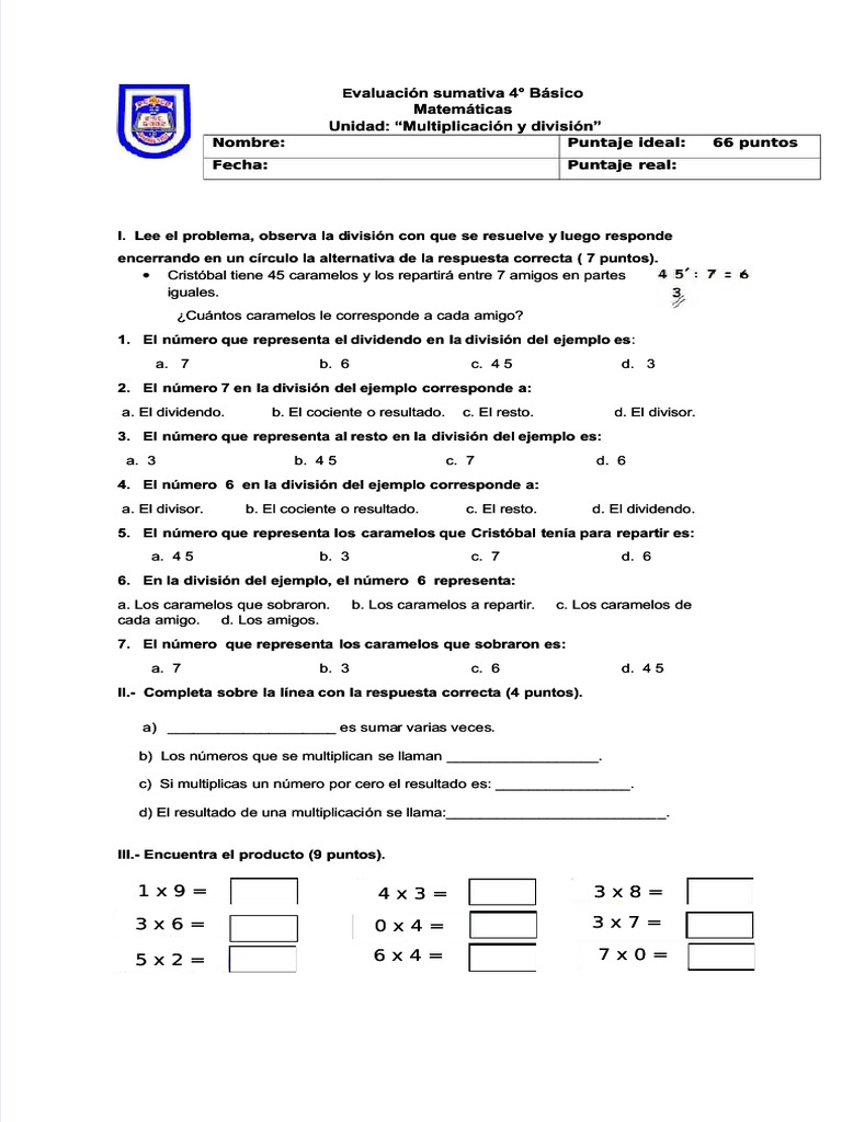 PDF Prueba Multiplicacion y Division 4 Basico - Compress | PDF ...