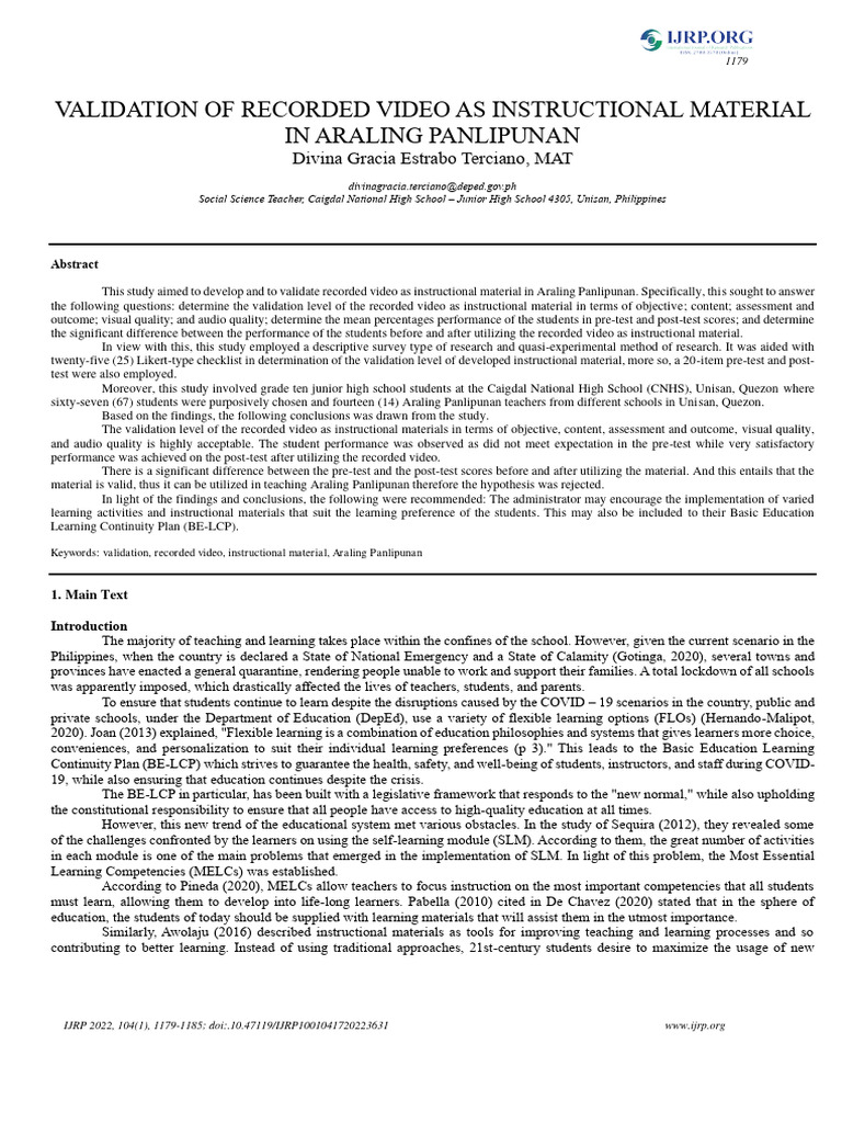 Validation of Recorded Video As Instructional Material in Araling ...