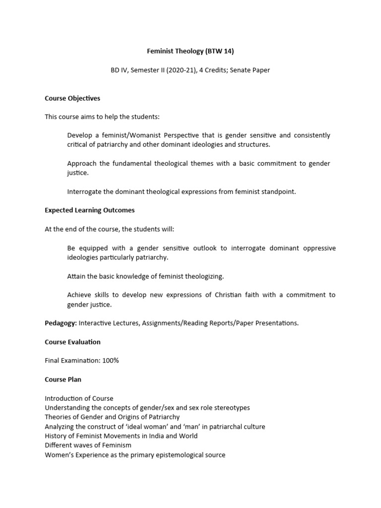 Feminist Theology (Course Plan 2020-21) | PDF | Feminism | Gender Studies