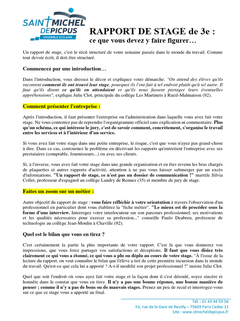 Rapport de stage de 3e : Guide complet | PDF | Business