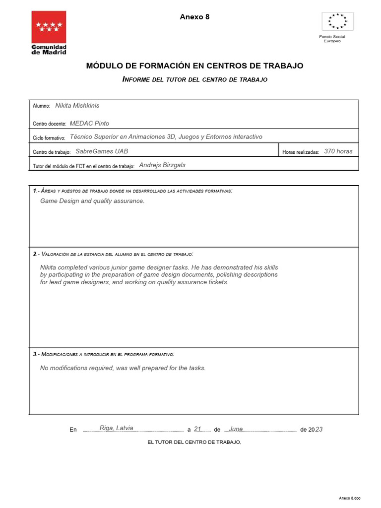 Módulo de Formación en Centros de Trabajo: Anexo 8 | PDF