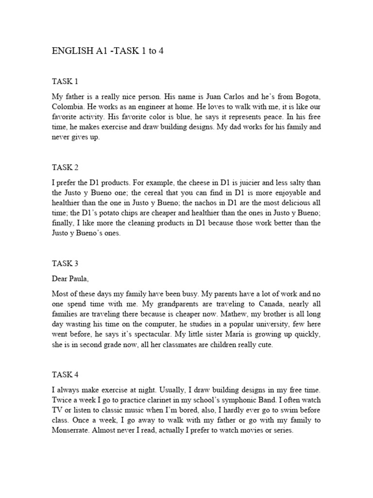 ENGLISH A1 - TASK 1 To 4 | PDF | Language Arts & Discipline