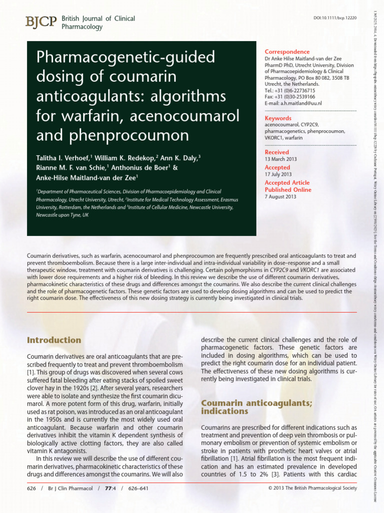 Brit J Clinical Pharma - 2013 - Verhoef - Pharmacogenetic Guided Dosing ...