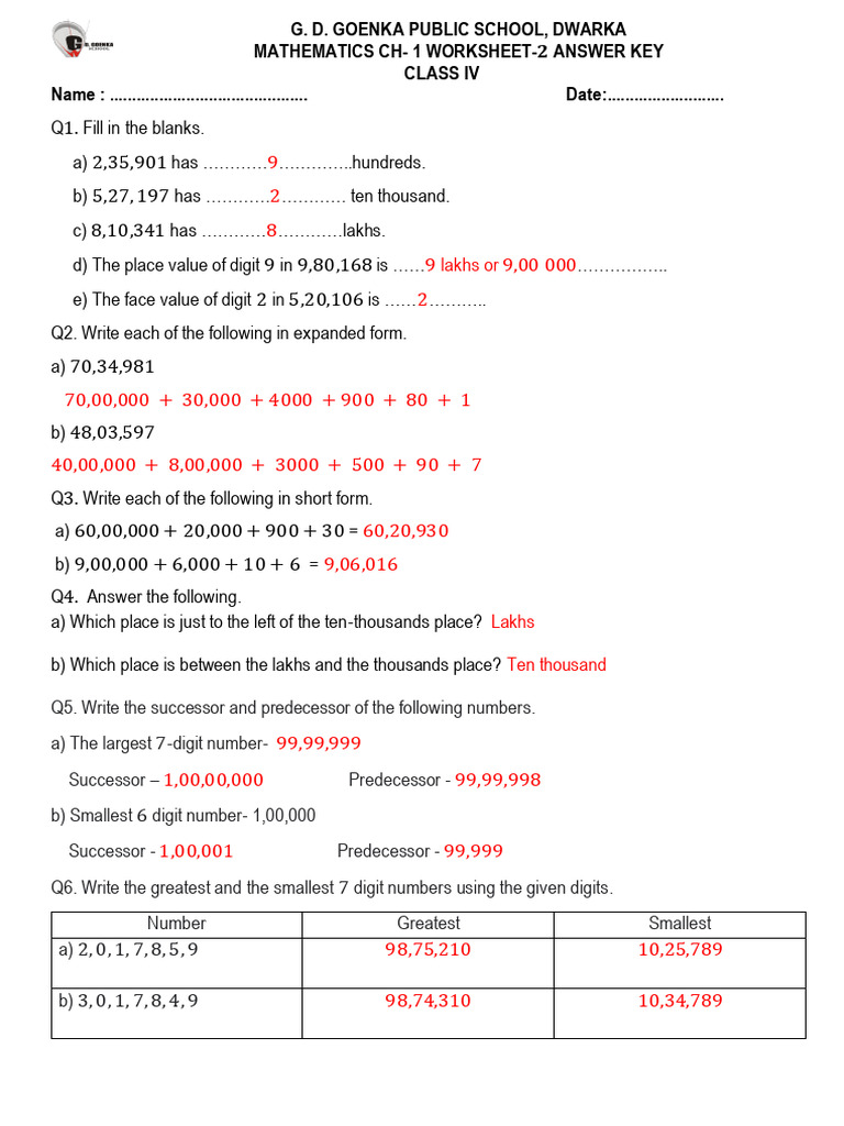 Class Iv Maths CH-1 WS - 2 - Answer Key | PDF | Mathematics | Mathematical Notation