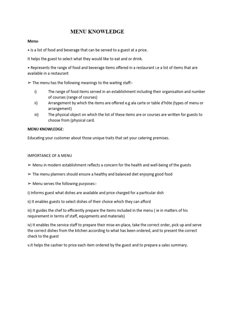 MENU KNOWLEDGE Notes Steve | PDF | Menu | Food And Drink