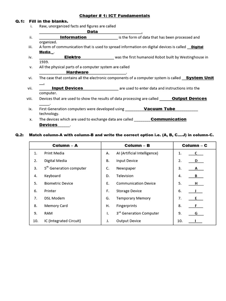 Chapter # 1: ICT Fundamentals Q.1: Fill in The Blanks.: Digital Media | PDF | Input/Output ...
