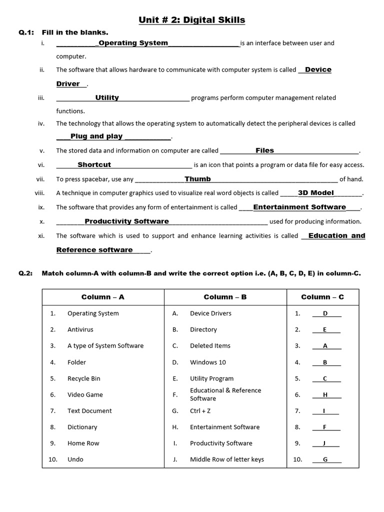 Unit # 2: Digital Skills: Q.1: Fill in The Blanks | PDF | Computer File | Operating System