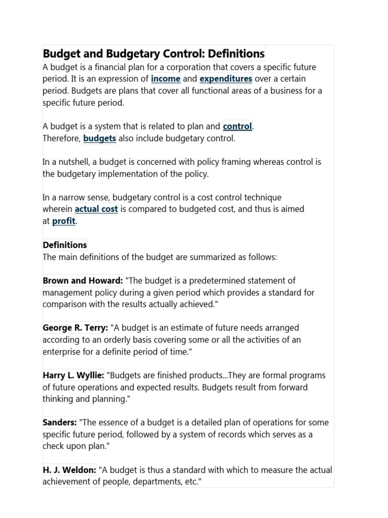 Budget and Budgetary Control | PDF | Cost Accounting | Expense