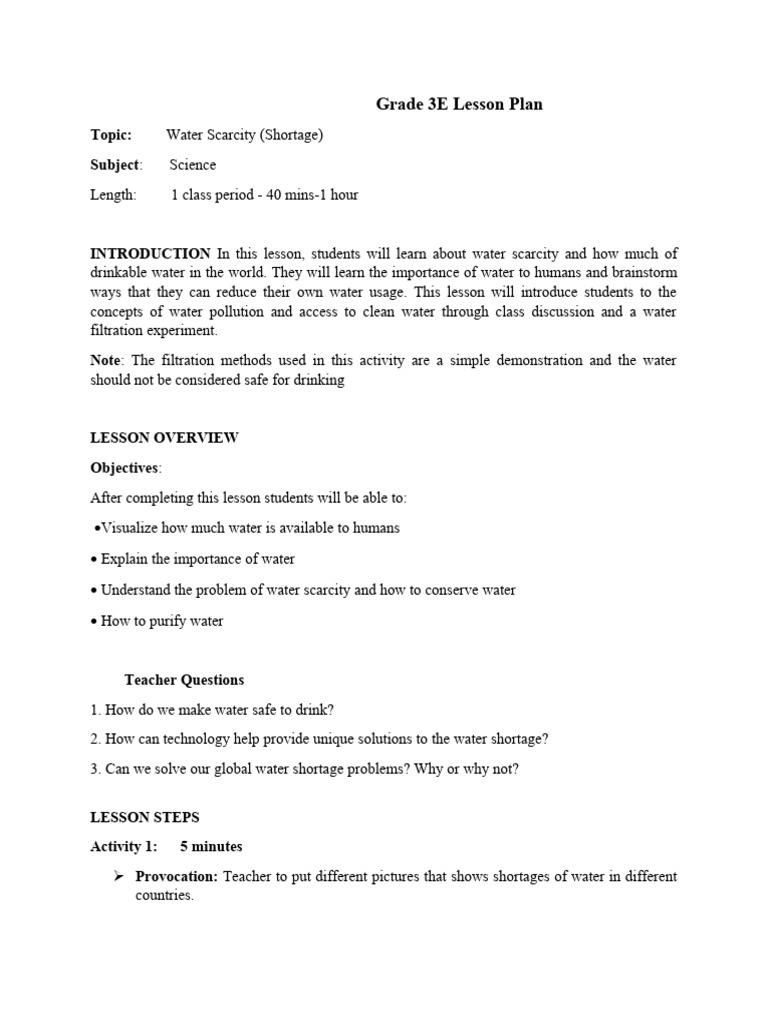 Grade 3E Lesson Plan | PDF | Water | Water Scarcity