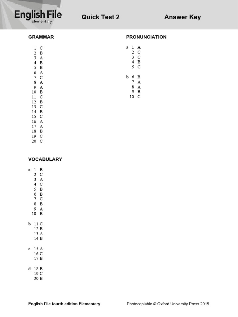EF4e Elem Quicktest2 Answer Key | PDF