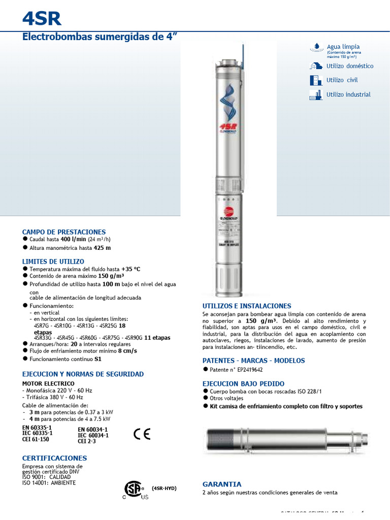 Electrobombas Sumergidas de 4" | PDF | Agua | Energia electrica