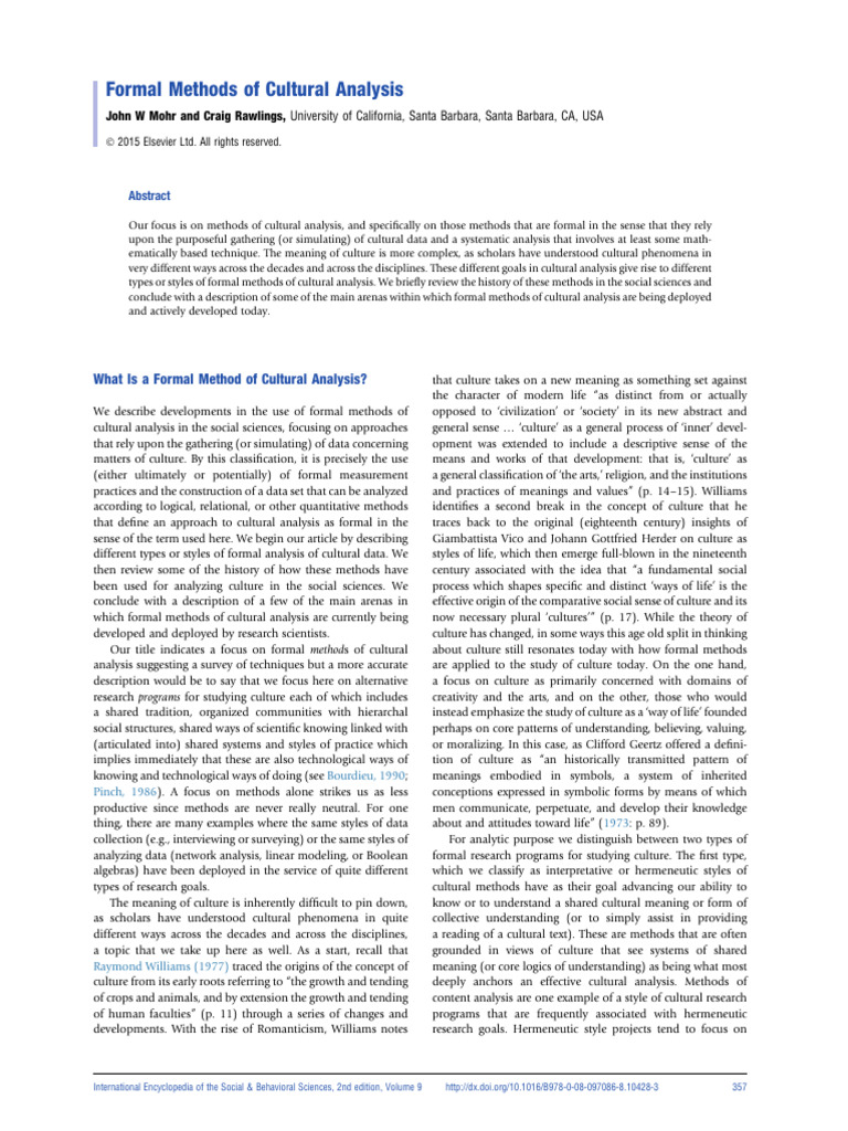 Formal Methods of Cultural Analysis | PDF | Analysis | Sociology