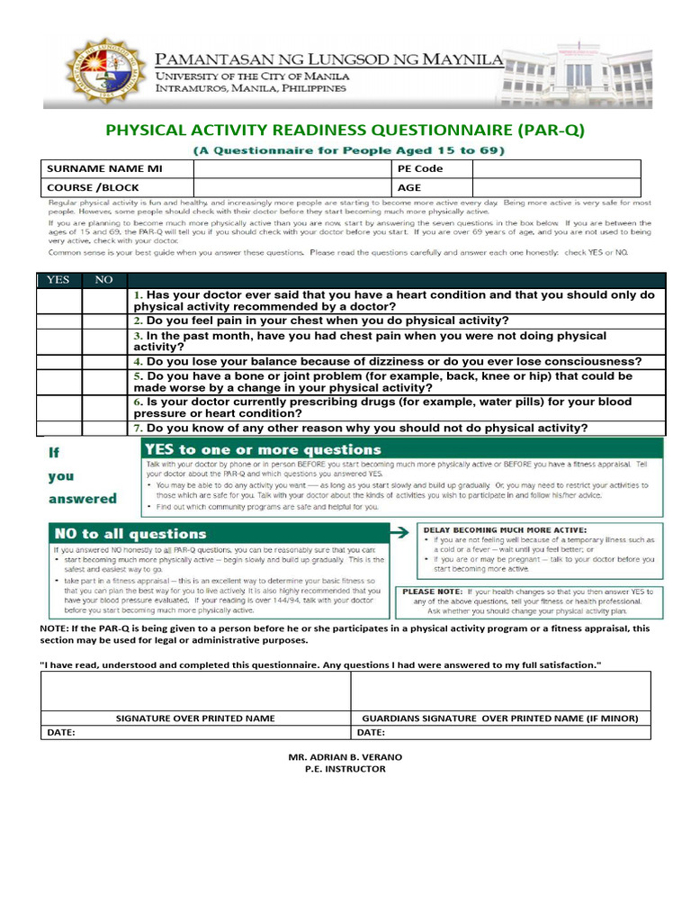 PAR-Q for Physical Activity Readiness | PDF | Self-Improvement