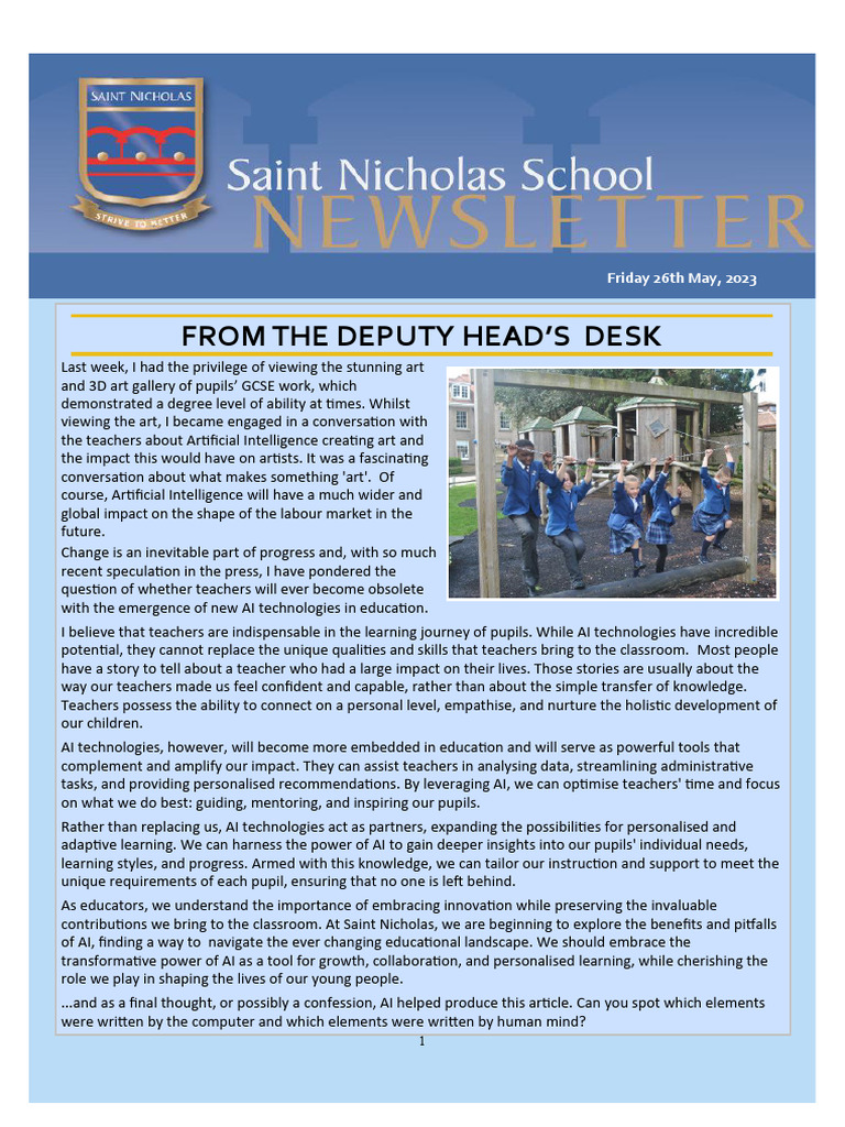 Letter From The Headmaster and Newsletter | PDF | Artificial Intelligence | Intelligence (AI ...