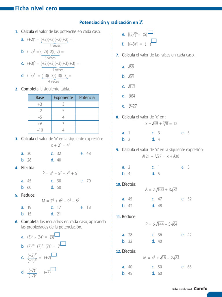 F0 - Potenciación y Radicación de Números Enteros | PDF