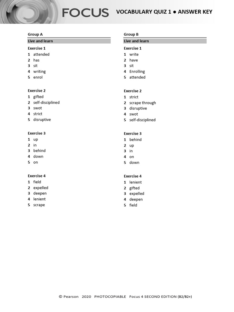 Focus4 2E Vocabulary Quiz Unit1 GroupA B ANSWERS | PDF