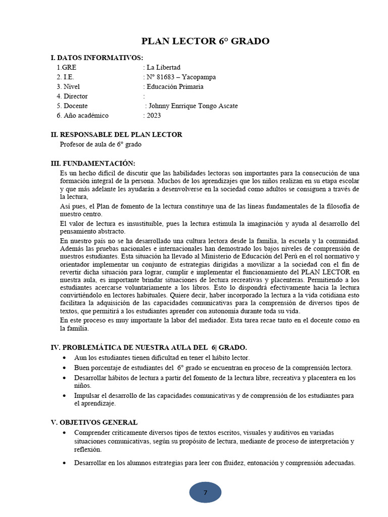 Plan Lector 6° Grado | PDF | Educación primaria | Comprensión lectora