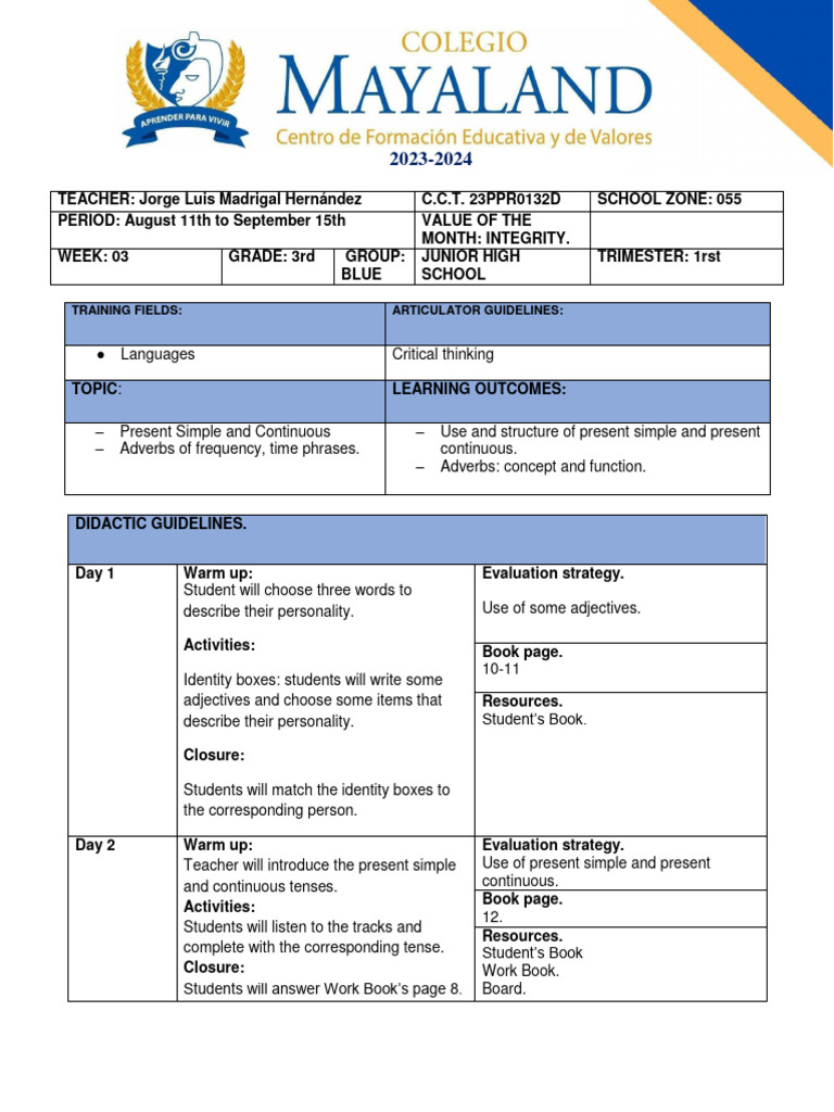 Class Plan Week 03 Third Grade | PDF | Adjective | Adverb