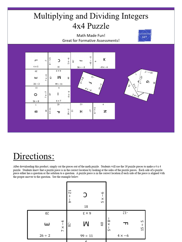 Multiplying and Dividing Integers 4x4 Puzzle: Math Made Fun! Great For ...