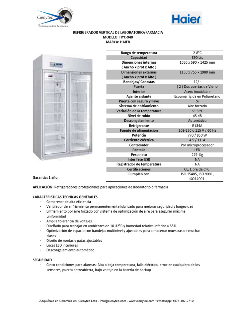 Haier Refrigerador Vertical Laboratorio Farmacia Hyc 940 Cat | PDF | Diodo emisor de luz ...
