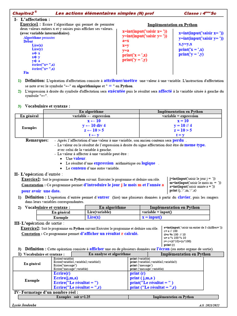 Chapitre 2 - Les Structures Simples - N - Prof 2021-2022 | PDF | Python (Langage de ...