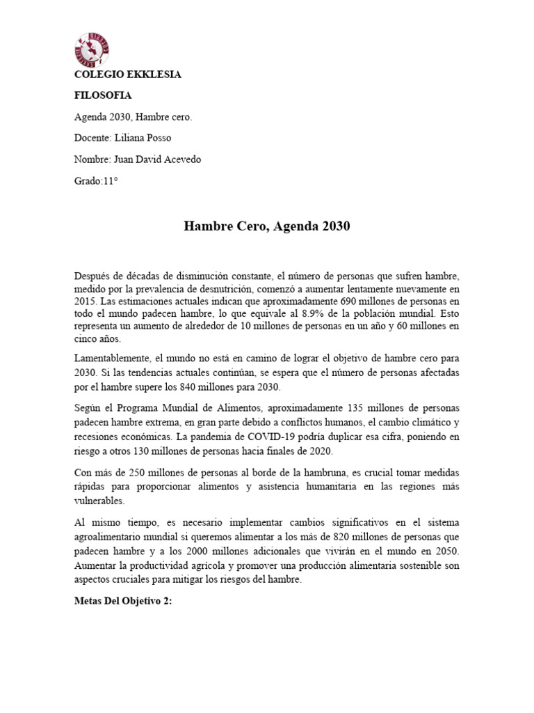 Hambre Cero Agenda 2030 Pdf Desnutrición Seguridad Alimentaria