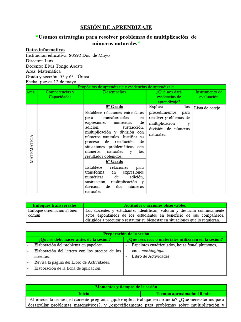Sesión de Aprendizaje-Matematica | PDF | Evaluación | Aprendizaje