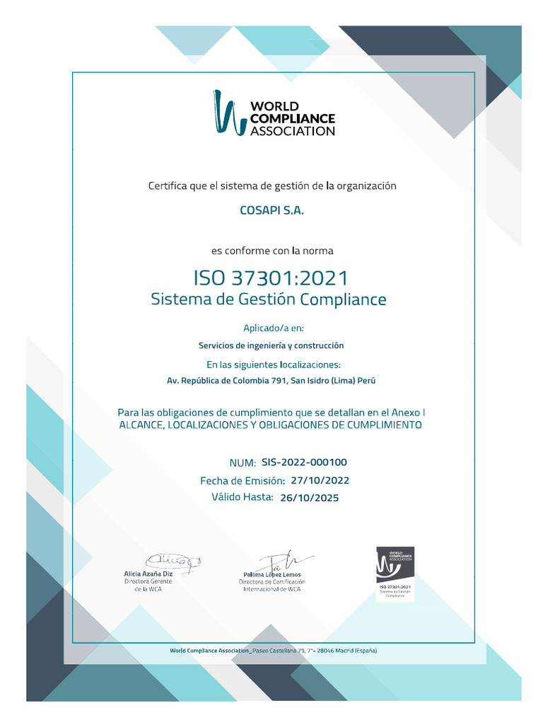 SIS-2022-000100 Certificado ISO 37301 - COSAPI v0 | PDF | Derecho