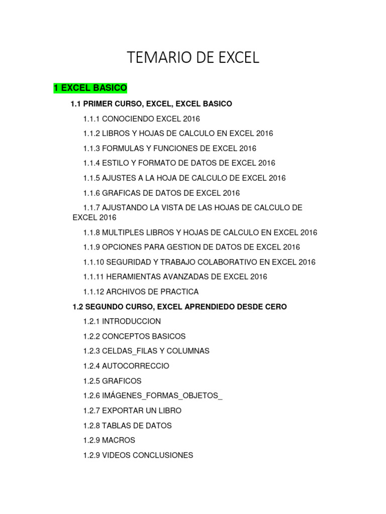 Temario de Excel | PDF | Microsoft Excel | Hoja de cálculo