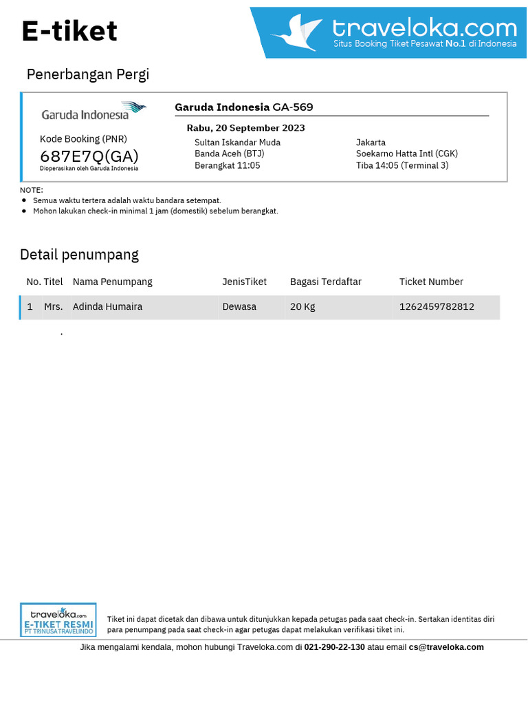 Tiket Garuda Indonesia GA 569 687E7Q GA PDF | PDF