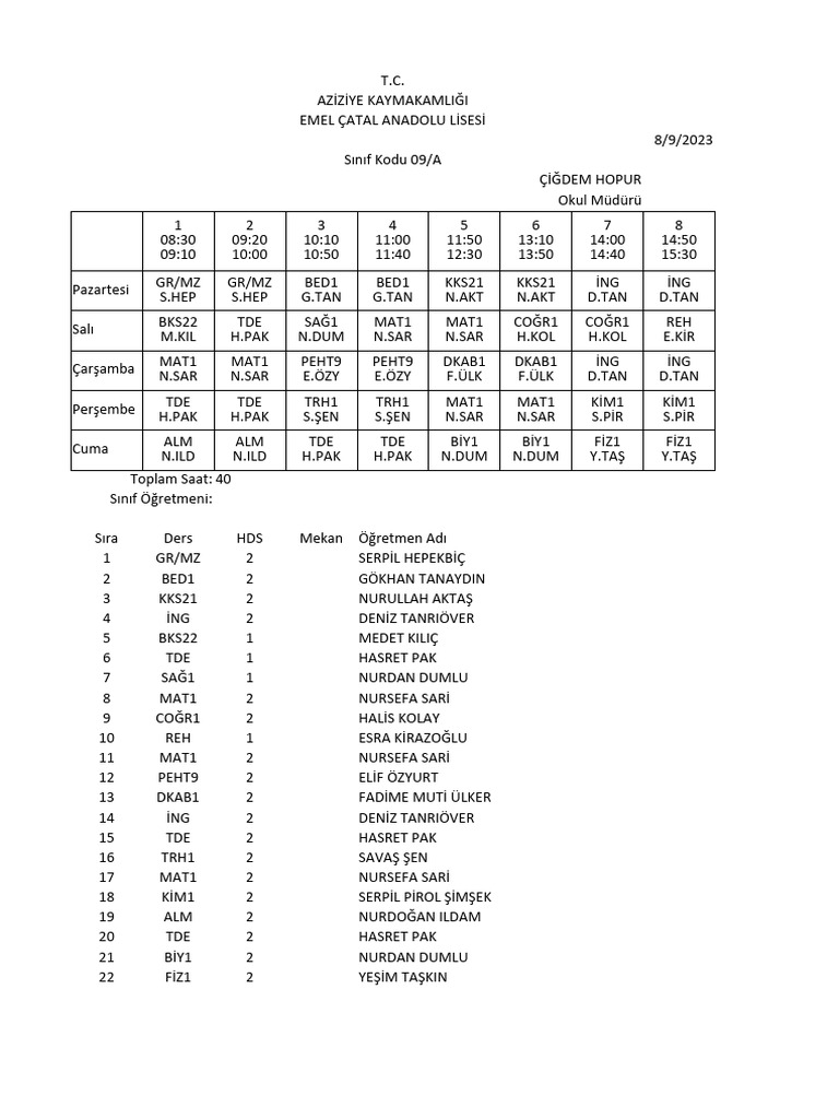 2023 2024 Sinif Ders Programlari | PDF
