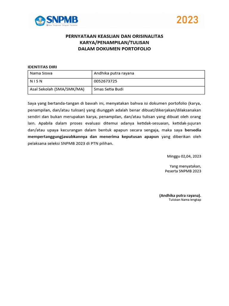 00 Template Pernyataan Peserta (Portofolio FTV 2023) 1 | PDF