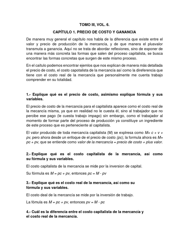 Tomo III, Vol. 6, Capitulo I, Precio de Costo y Ganancia | PDF ...