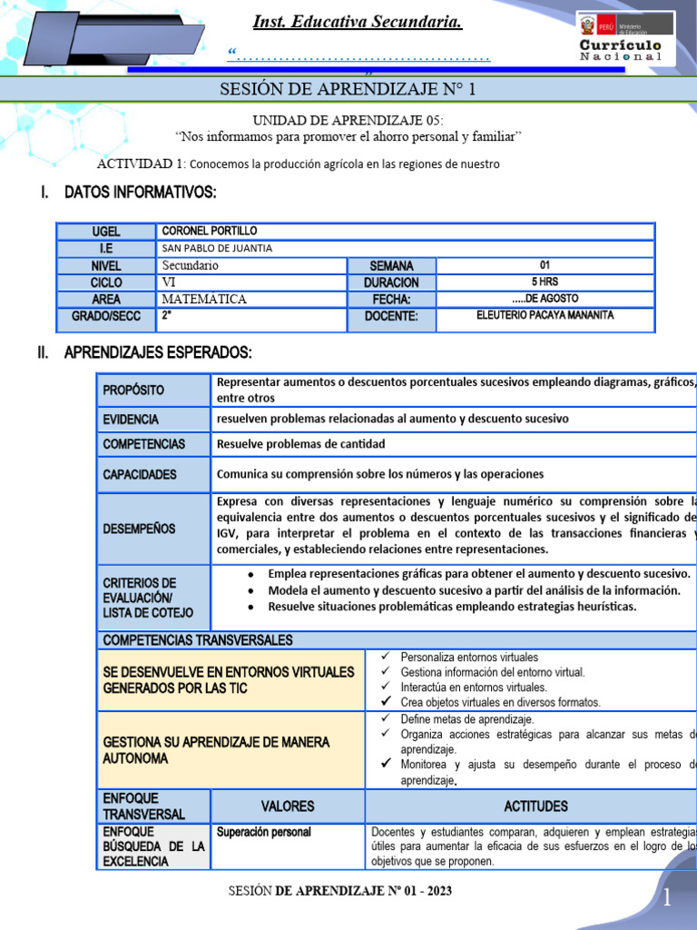 2º Mat Ses 1 Unidad 5 | PDF | Aprendizaje | Evaluación