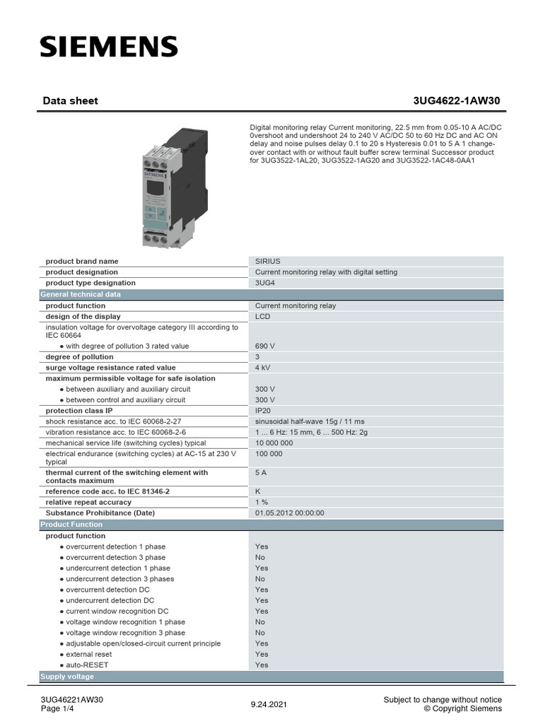 3UG46221AW30 Datasheet en | PDF | Relay | Electricity