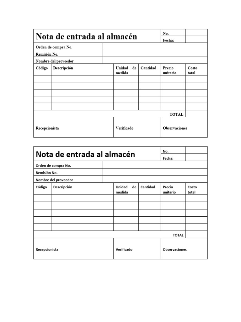 Formatos (Nota de Entrada, Vale de Salida y Tarjeta de Control) | PDF Formatos (Nota de Entrada, Vale de Salida y Tarjeta de Control) | PDF