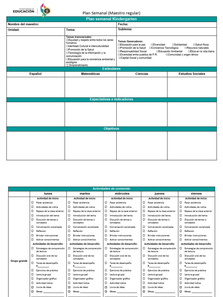 Plan Semanal para Kindergarten | PDF | Educación de la primera infancia ...