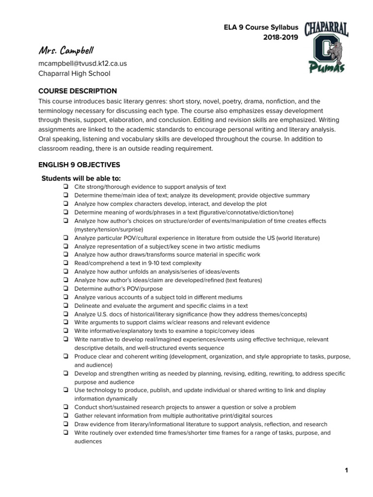 ELA 9 Course Syllabus | PDF | Human Communication