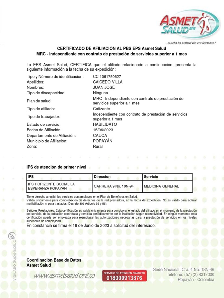 Certificado de Asmet Salud | PDF