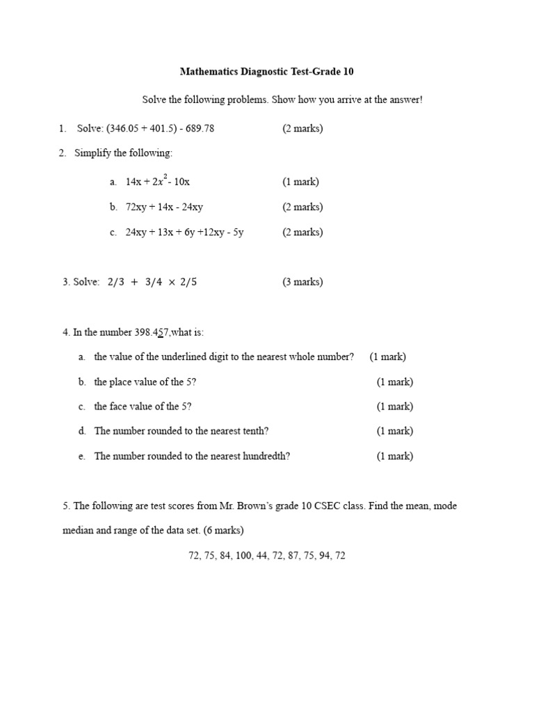 Grade 10 - CSEC Diagnostic Test | PDF | Teaching Methods & Materials