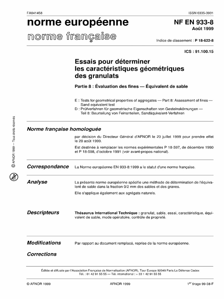 NF EN 933-8-Août 1999 - Évaluation Des Fines - Équivalent de Sable | PDF